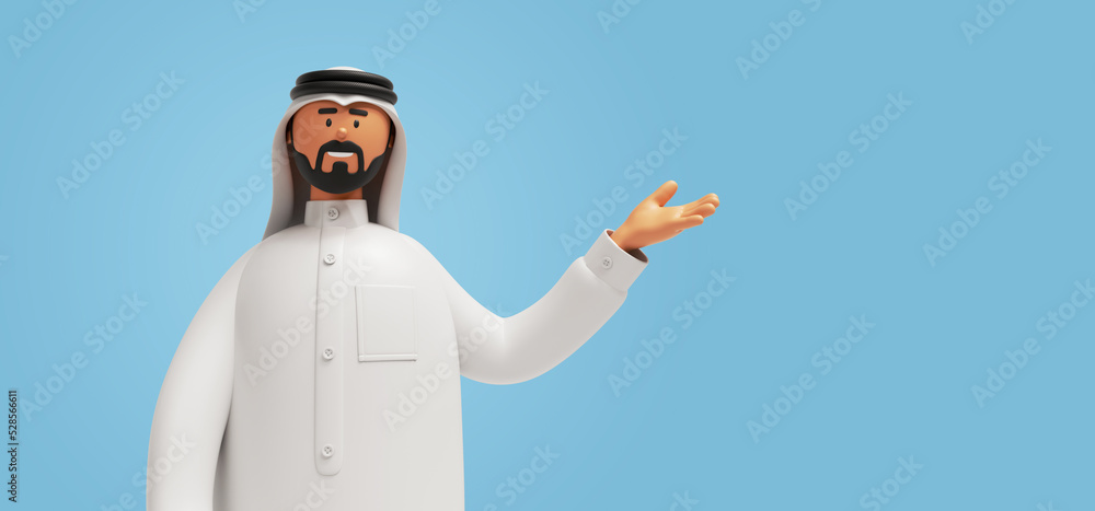 3d render, cartoon character arab man with beard wears traditional ...