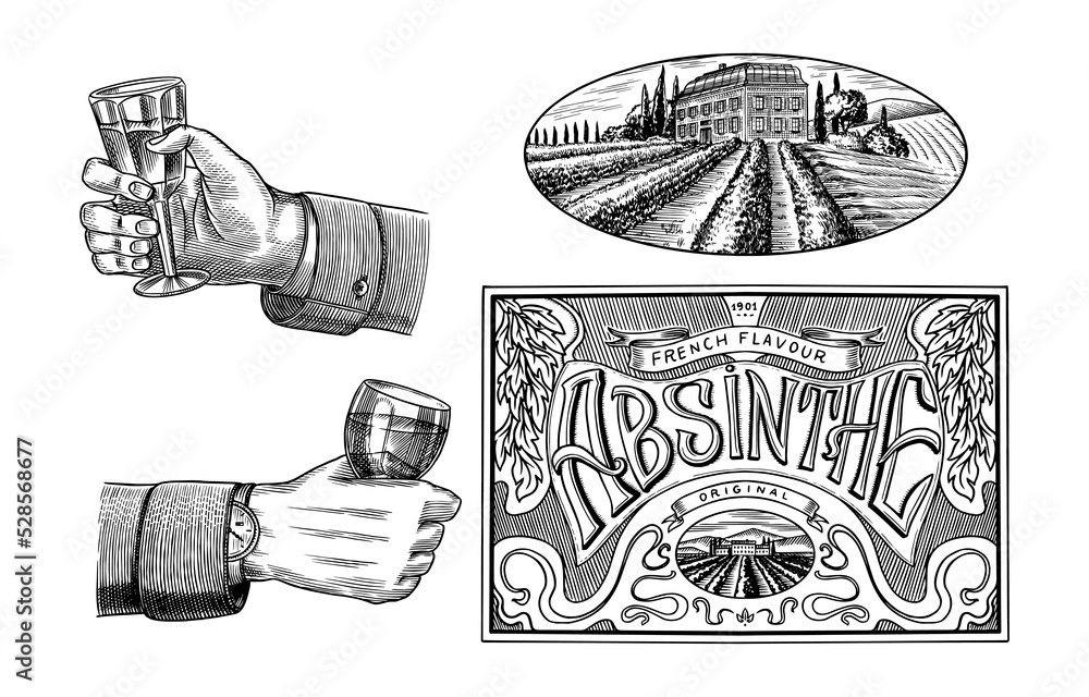 Vintage American Absinthe badge. Cheers toast. Alcoholic Label with ...