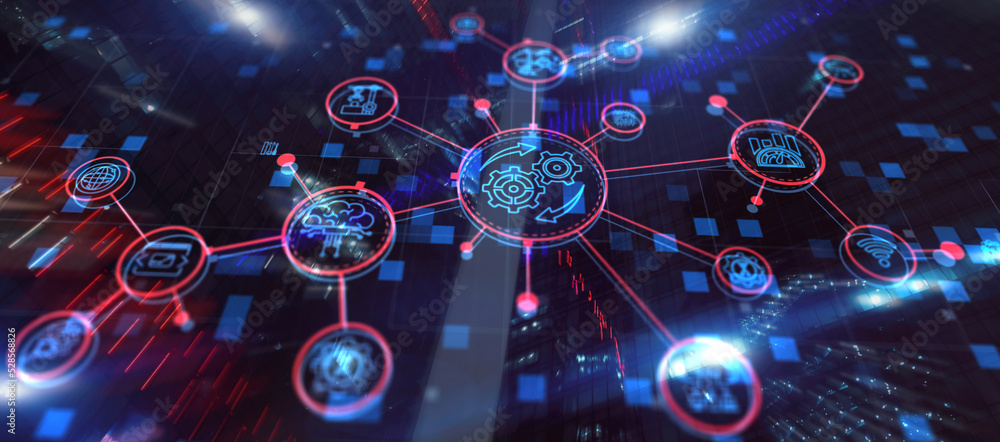 RPA. Robotic Process Automation on modern city abstract background ...