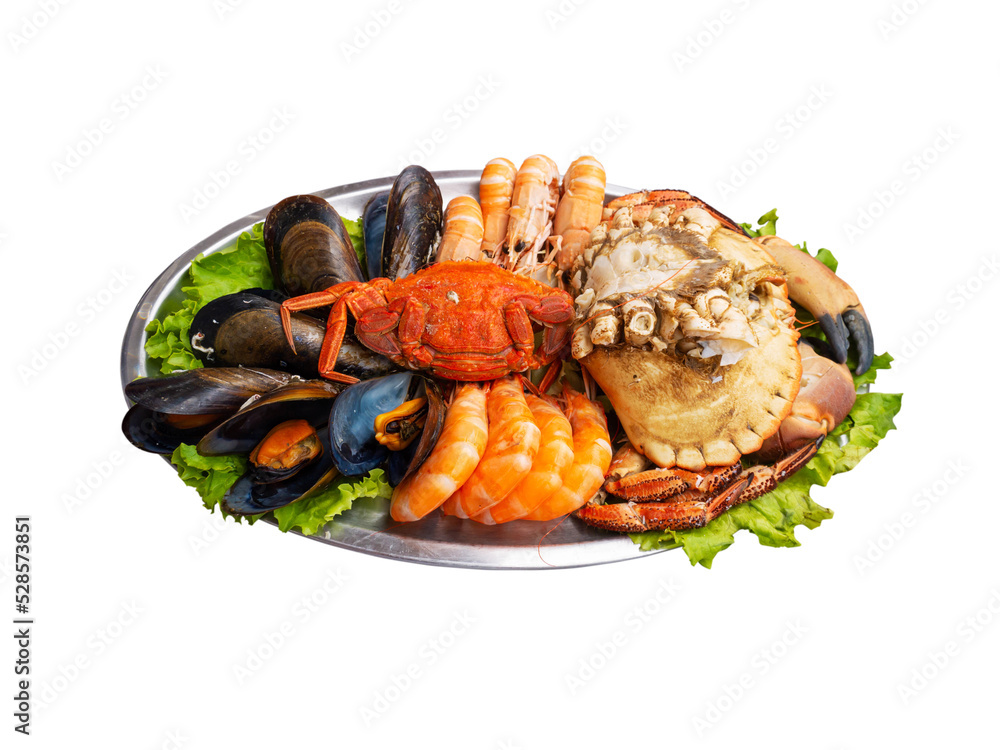 Seafood serving isolated transparent png. Mussels, shrimps, brown crab, spider crab and Norway ...