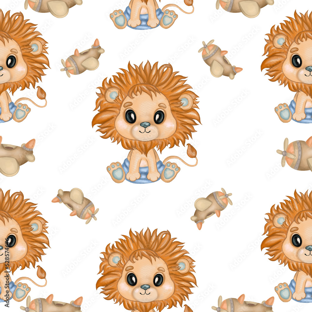 Cute baby lion seamless pattern. Hand drawn watercolor baby lion in ...