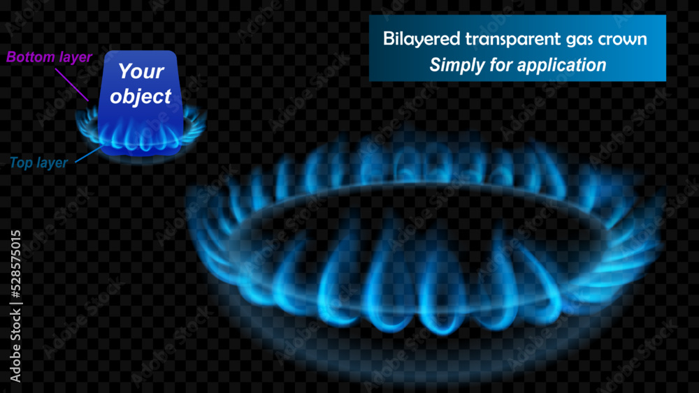 Translucent blue flames of natural gas, consisting of two layers - top ...