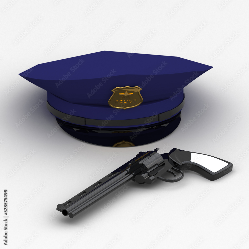 Policeman's cap and gun Revolver Magnum. Policeman Wearing Uniform. 3D ...