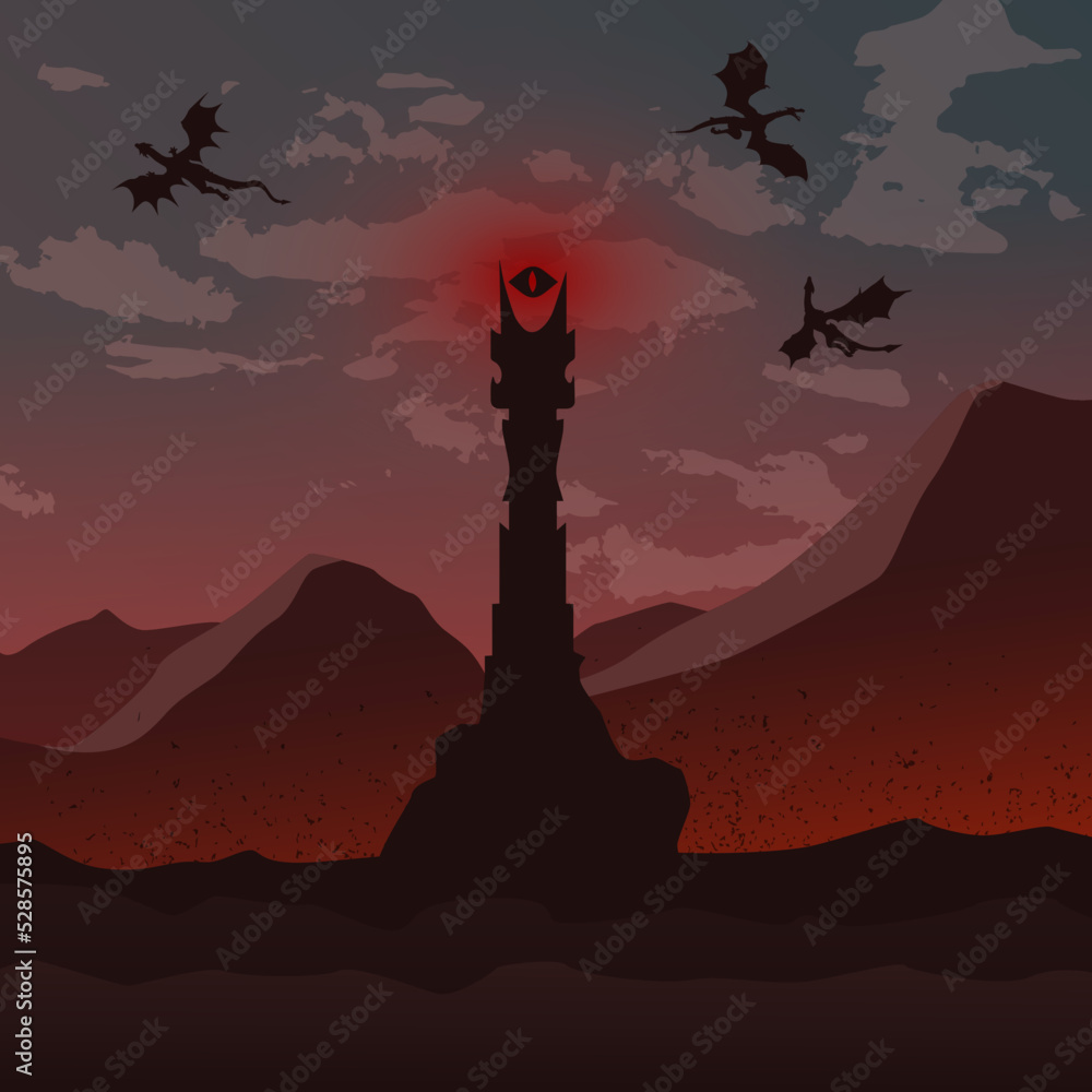 Incredible view of dark gothic tower, mountains and dragons in the ...