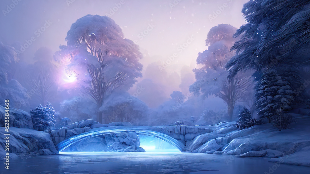 Fantasy winter landscape, frozen river, trees in the snow. Beautiful ...