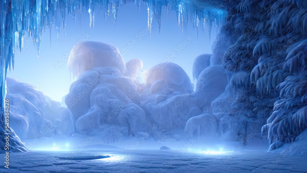 Fantasy winter landscape, frozen river, trees in the snow. Beautiful ...