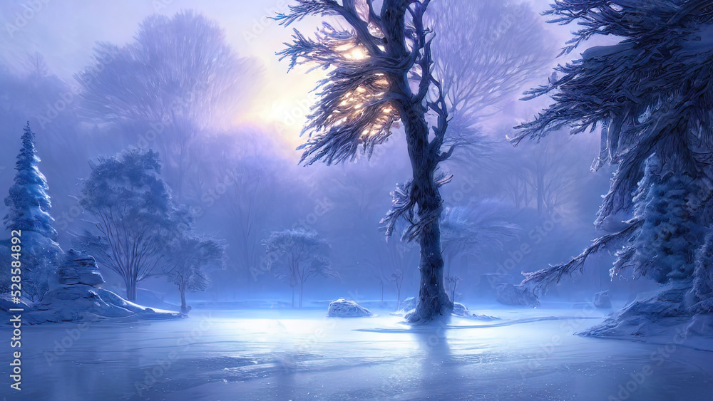 Fantasy winter landscape, frozen river, trees in the snow. Beautiful ...