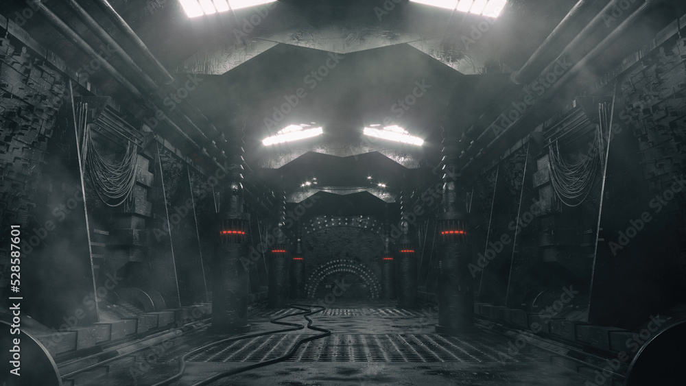 dark and scary spaceship corridor with white and red lights and soft ...