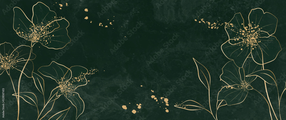 Dark green art background with flowers in golden line style. Hand drawn ...