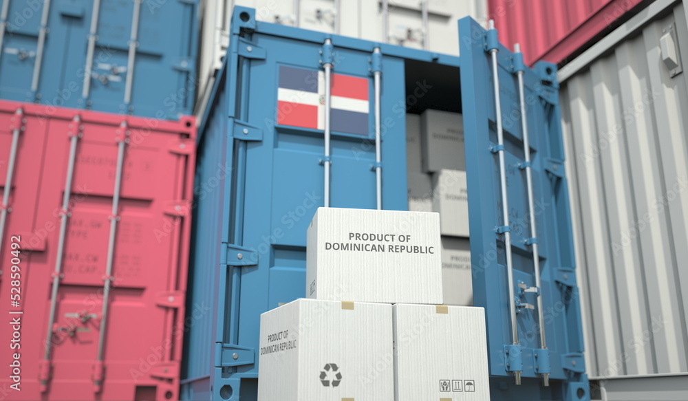 Cargo containers and boxes with products from the Dominican republic ...