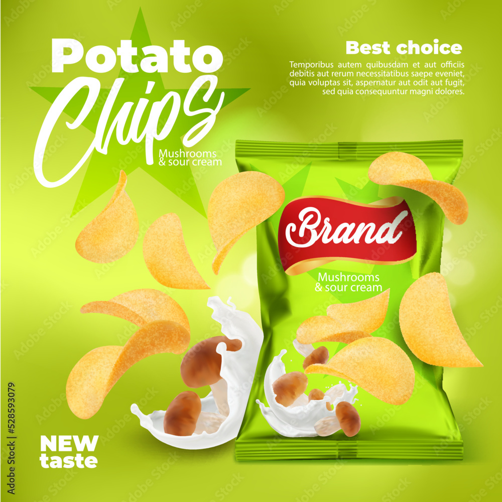 Realistic mushrooms flavored potato chips snack food package. 3d vector ...