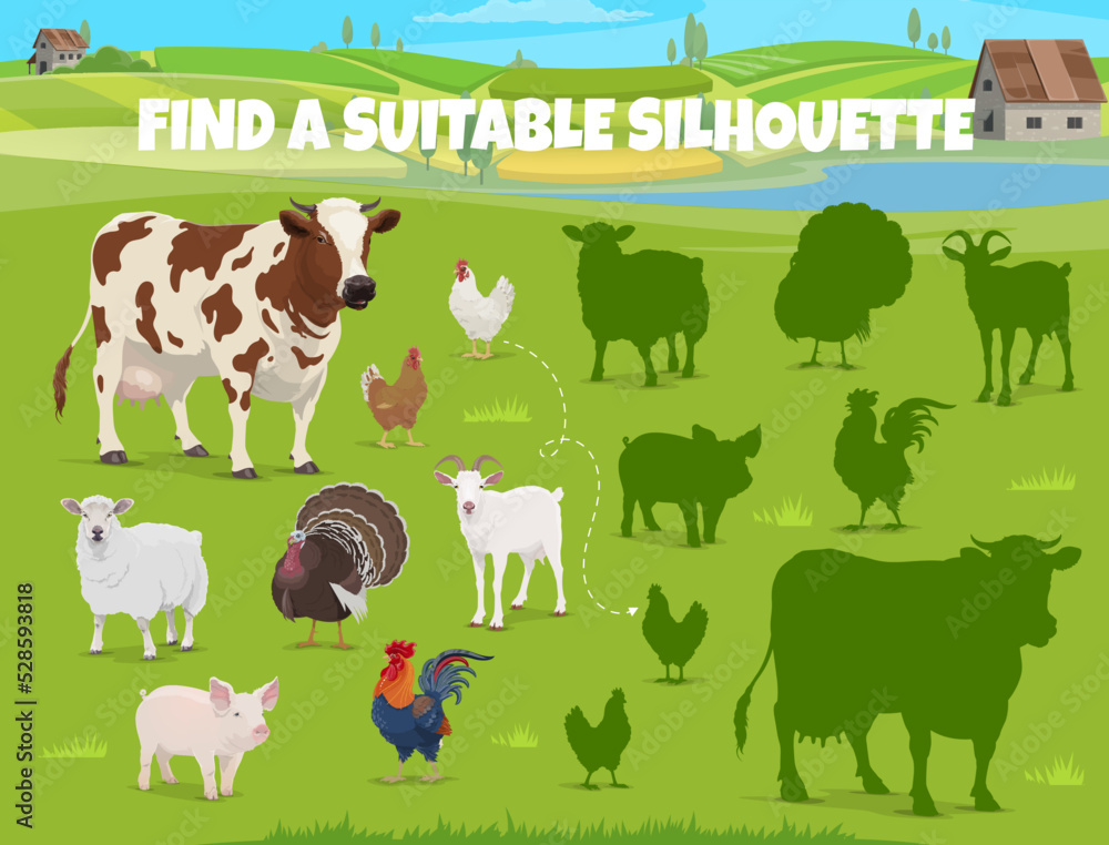 Find the suitable silhouette of farm animals. Kids game worksheet of ...