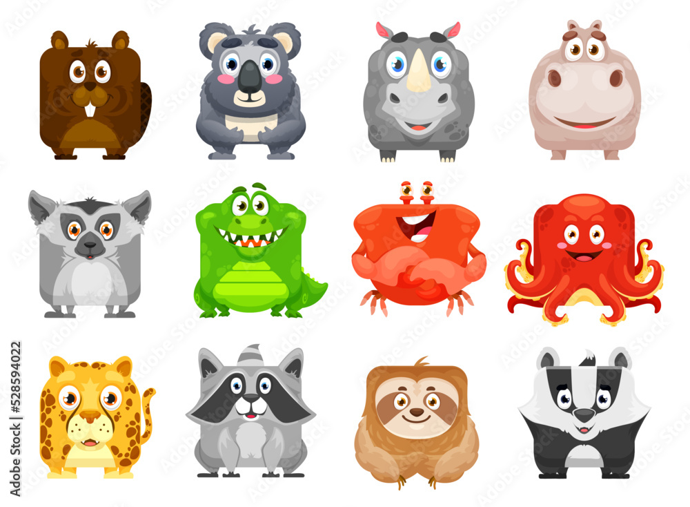 Cartoon kawaii square animal faces. Isolated vector beaver, koala ...