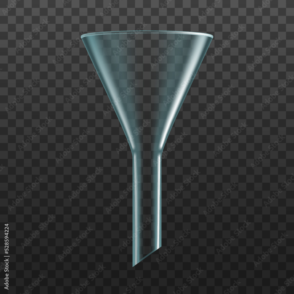 Isolated glass funnel, realistic 3d vector laboratory glassware ...