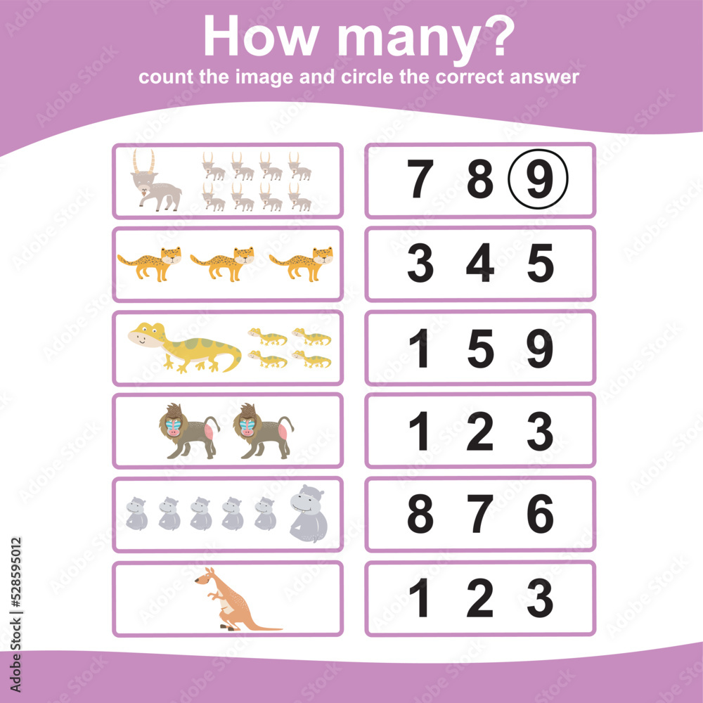 Count and circle answer for children. Printable mathematic worksheet ...