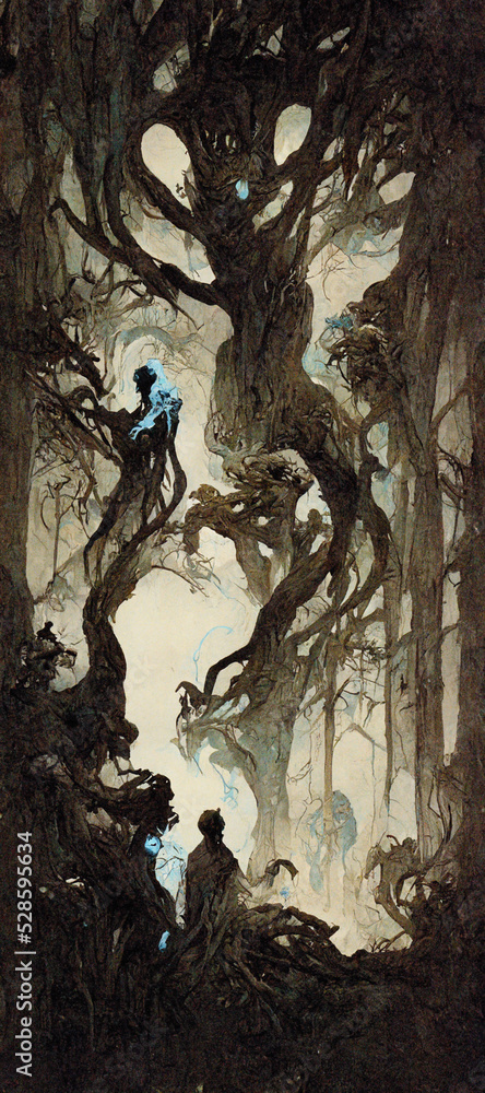 A deep dark wood, drawing in Indian ink, of flowing tree forms, roots ...