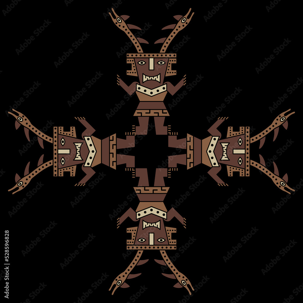 Rectangular cross design with four fantastic characters. Horned man ...