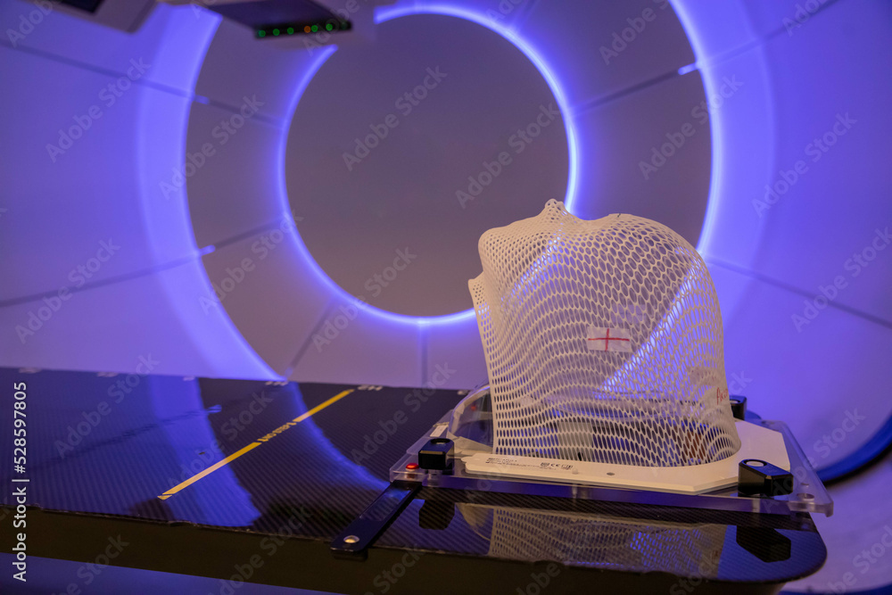 Patient Radiation proton therapy fixing mask showing laser lines for ...