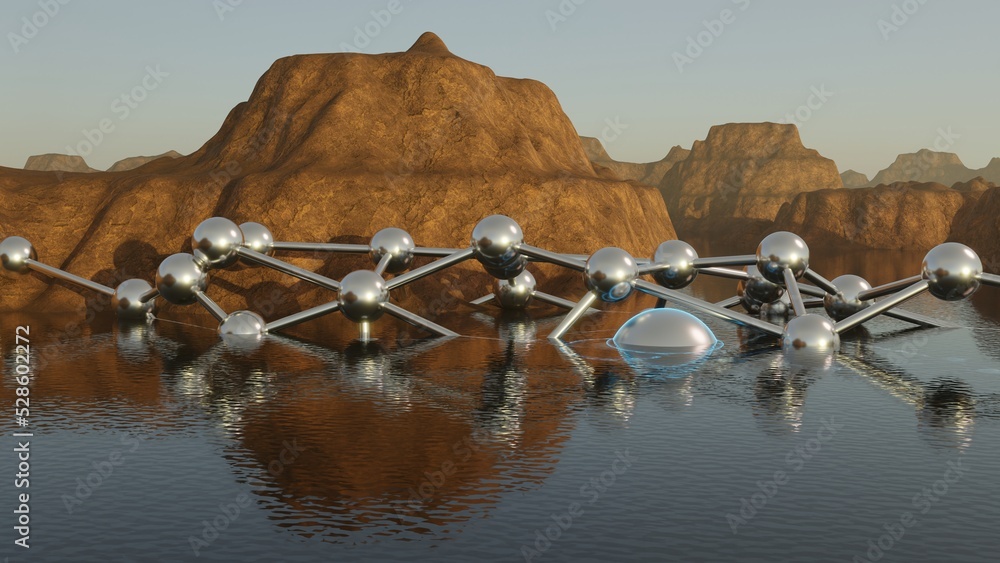 Sci-fi environment. A mysterious alien structure located in a lake ...