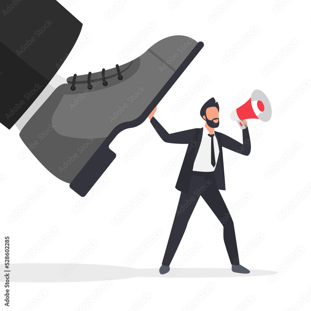Pressure, violence and kick of giant foot to man employee with ...