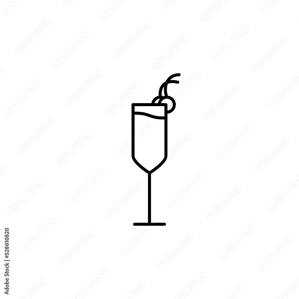 flute glass icon with cherry on white background. simple, line ...