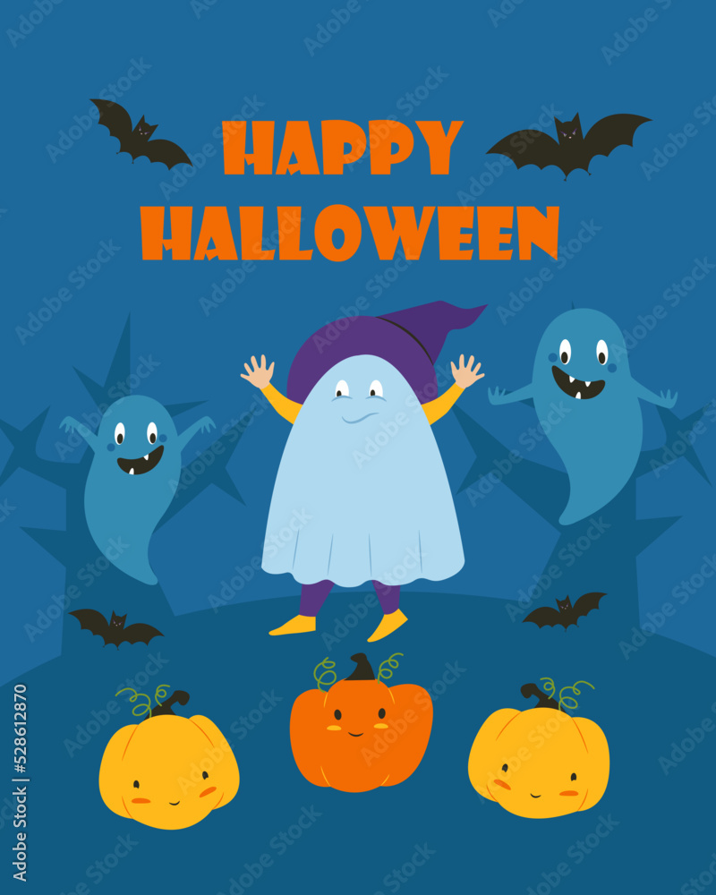 Postcard banner for Halloween, Children in costumes of ghosts and ...