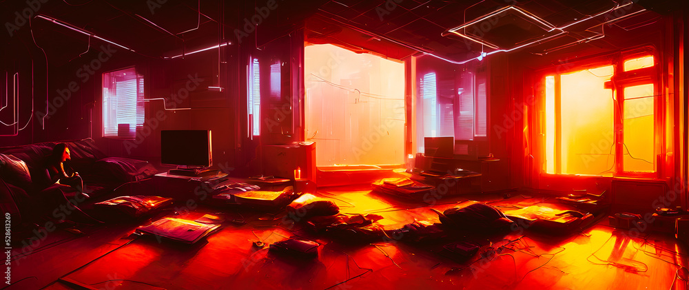 Artistic concept painting of a beautiful home cyberpunk interior ...