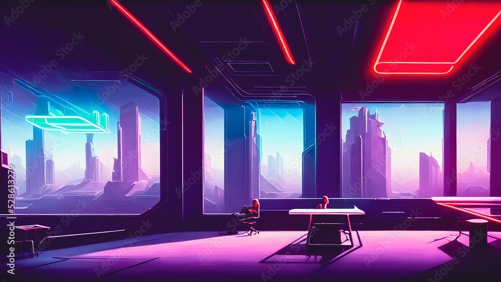 Artistic concept painting of a beautiful home cyberpunk interior ...
