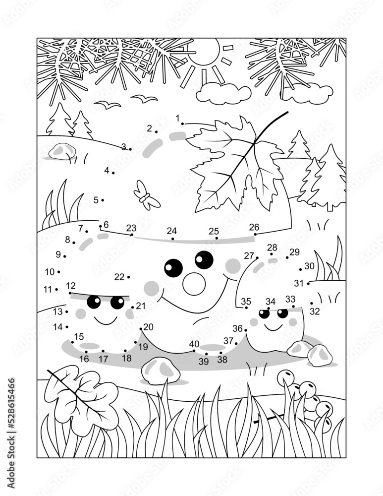 Three mushrooms connect the dots puzzle and coloring page, activity ...