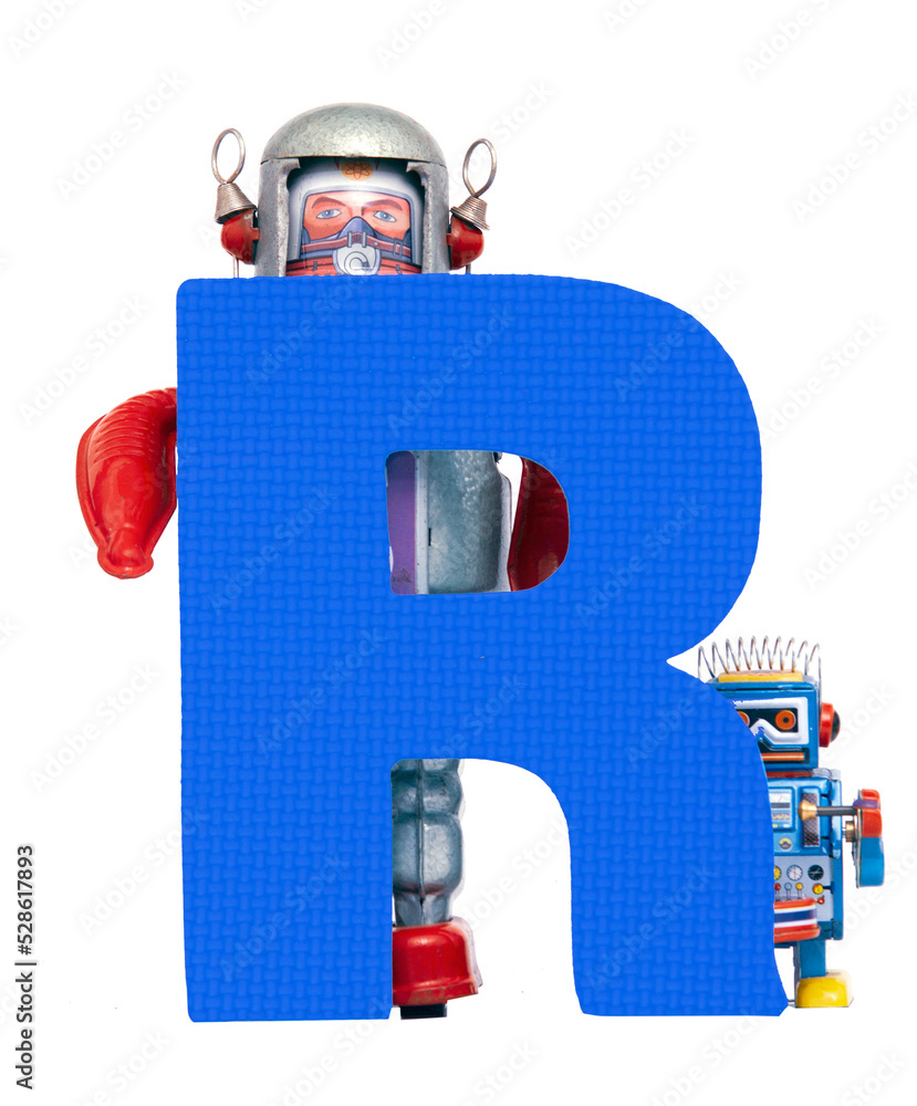 capital letter R held by vintage robot toys transparent Stock Photo ...