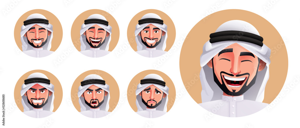 Arab man faces vector set design. Arabian characters in facial ...