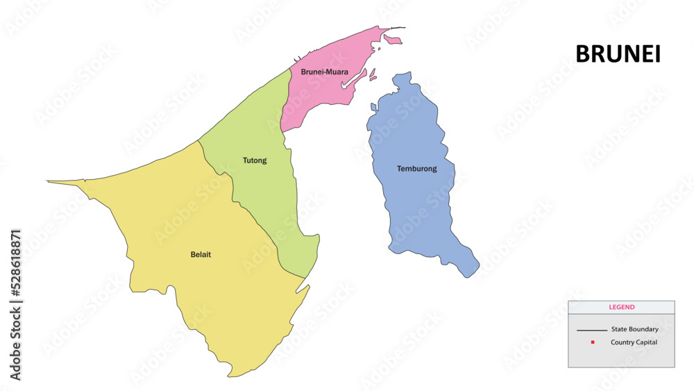 Brunei Map. State and district map of Brunei. Detailed colorful map of ...