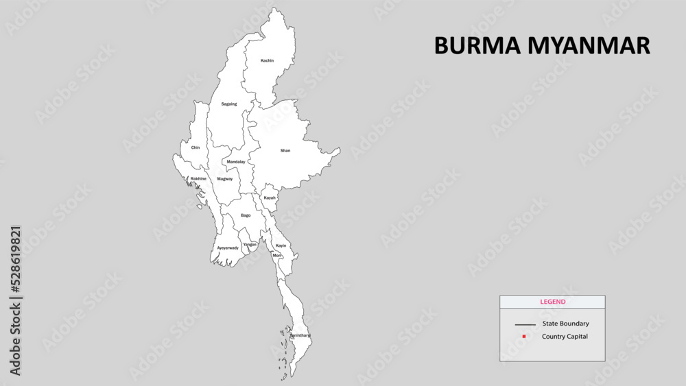FotoMural Burma Myanmar Map. State and district map of Burma Myanmar ...