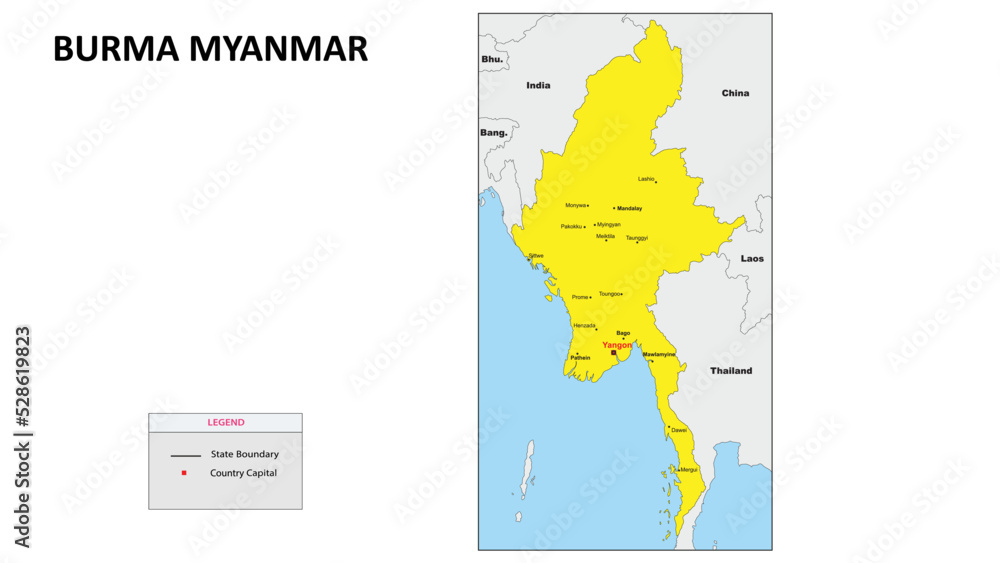 Fototapeta mapa świata dla dzieci Burma Myanmar Map. Major city map of ...