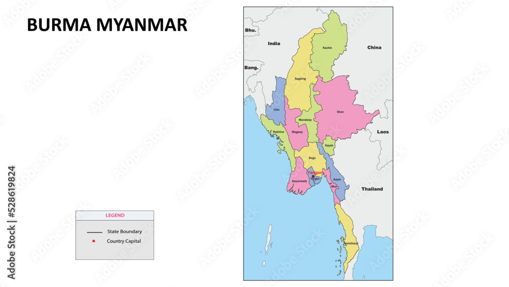 Burma Myanmar Map. State and district map of Burma Myanmar. Political map of Burma Myanmar with ...