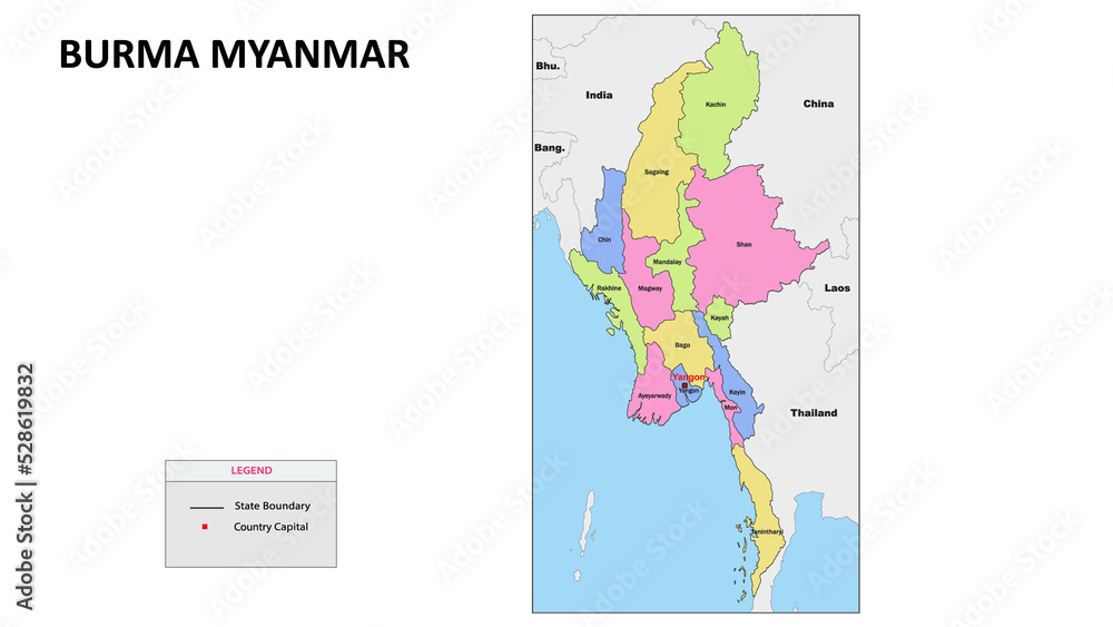 Fototapeta mapa świata dla dzieci Burma Myanmar Map. State and district ...