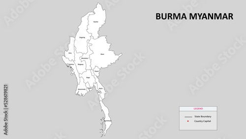 FotoMural Burma Myanmar Map. State and district map of Burma Myanmar ...