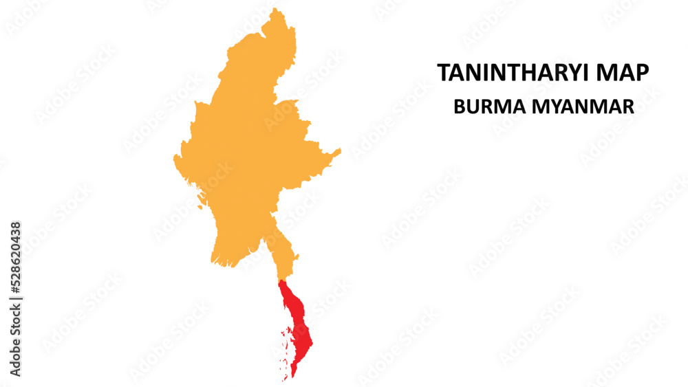 Tanintharyi State and regions map highlighted on Burma myanmar map ...