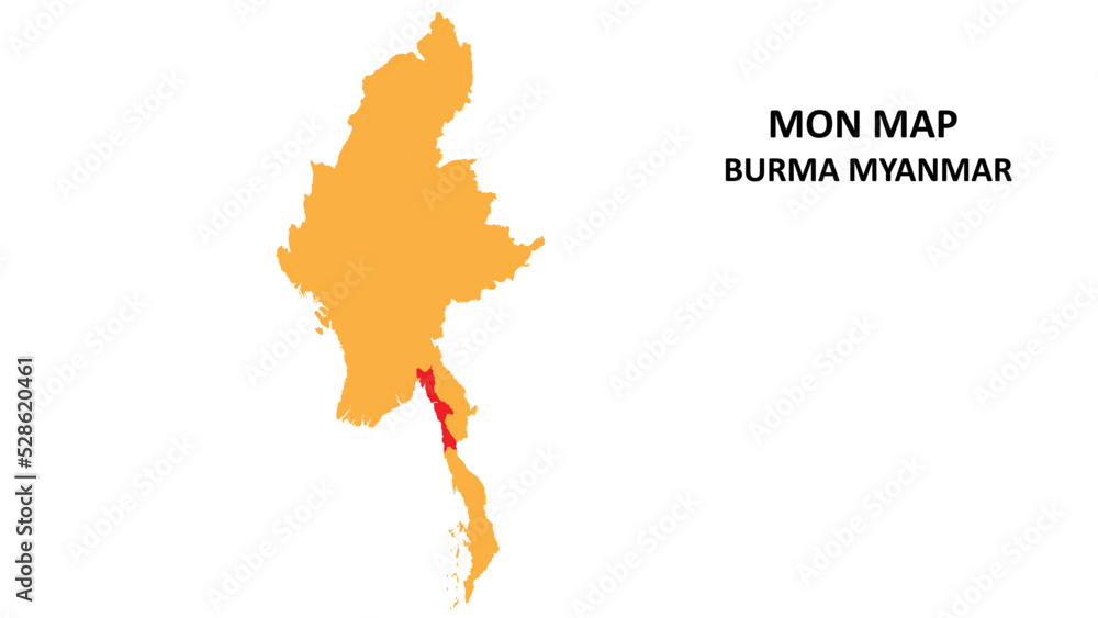 Vetor de Mon State and regions map highlighted on Burma myanmar map. do ...