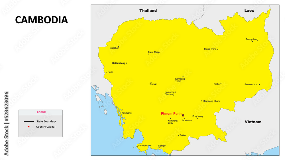 Fototapeta mapa świata dla dzieci Cambodia Map. Major city map of ...
