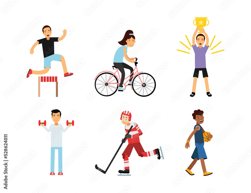 People Characters Doing Different Sport Activity Cycling, Jumping over ...