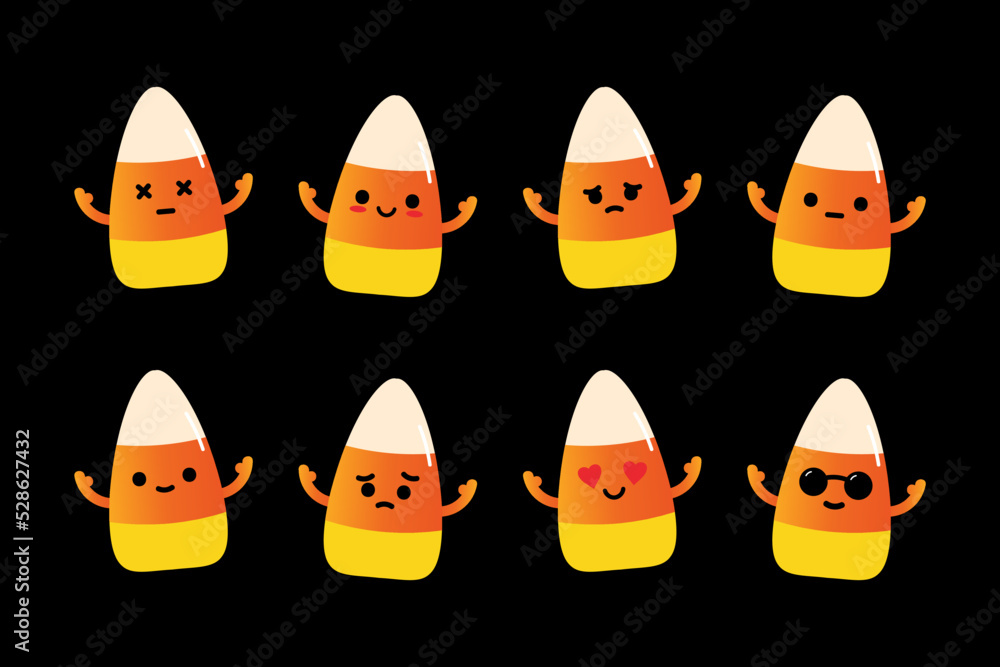 Set, collection, pack of candy corn emoji, vector cartoon style icons ...