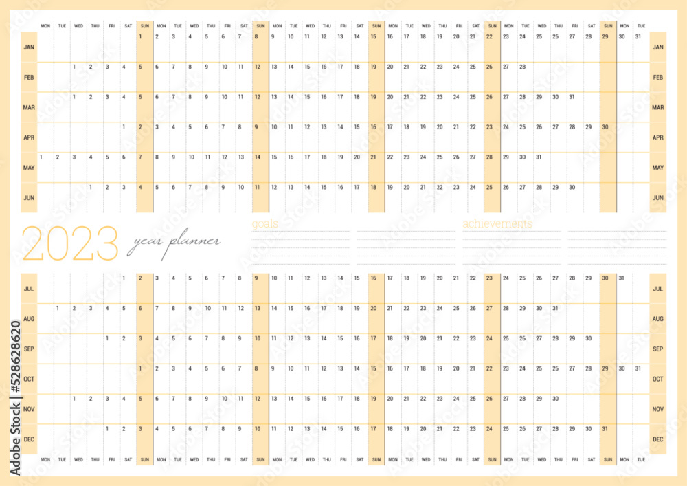 Calendar 2023 year planner template. Printable wall calendar table ...