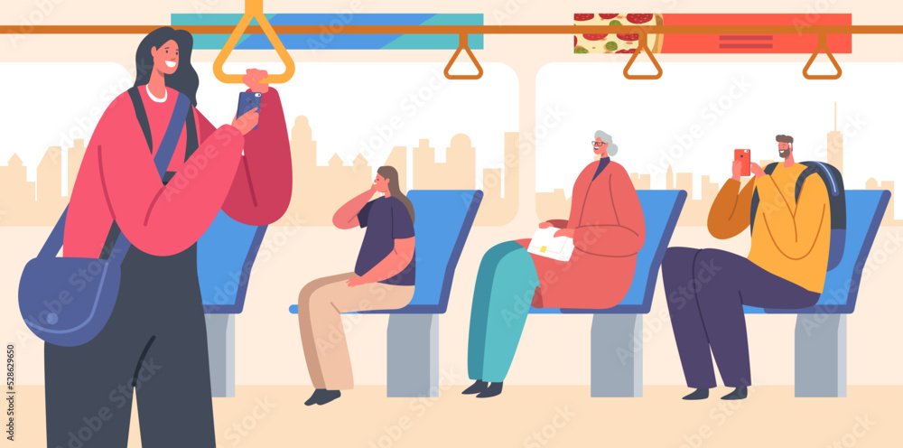 People in Bus Interior, Young and Adult Male or Female Characters Sit ...