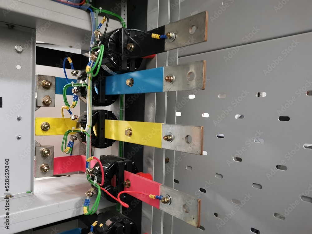 Image of copper busbar connection in electrical cabinet. Selective ...