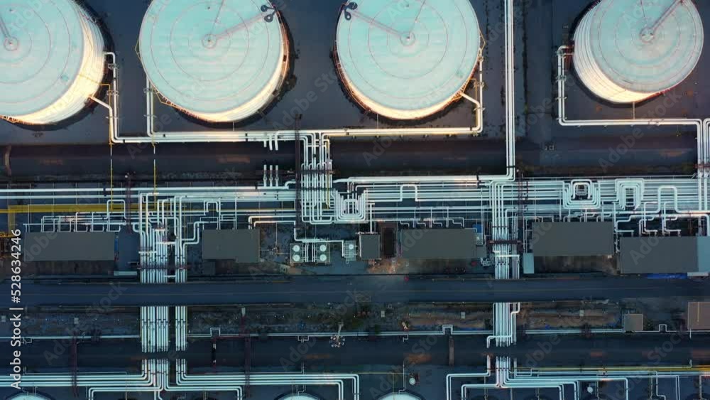 Aerial top view oil storage tank and pipeline at petrol industrial zone ...