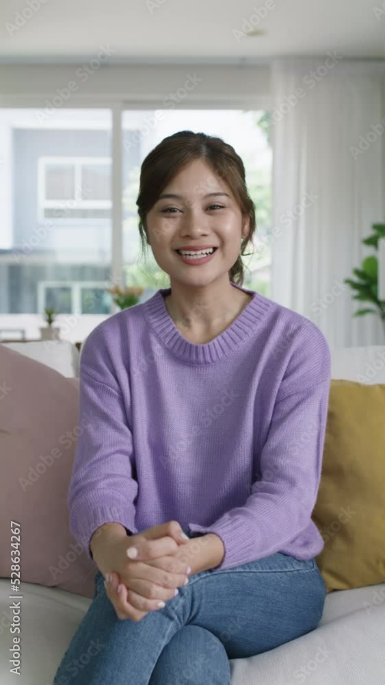 Young influencer vlogger teen girl asia people sit easy relax at cozy ...