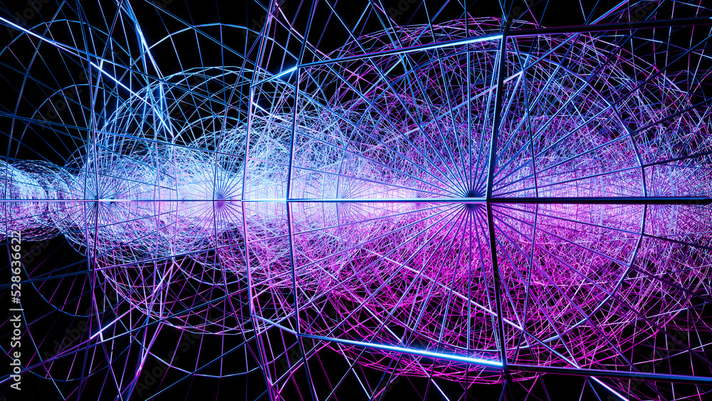 abstract background wireframe design neon color wire sphere on black ...