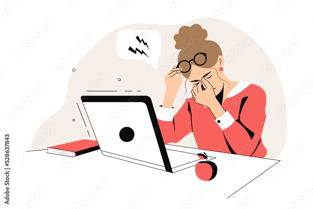 Young woman is working on a Laptop. Tired character. Concept of Eye ...