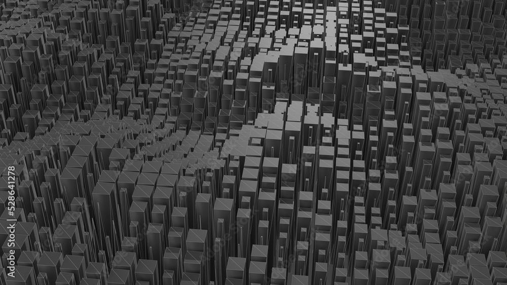 rendered simple-3D scene of diagrammatic, turbulent field in grayscale ...